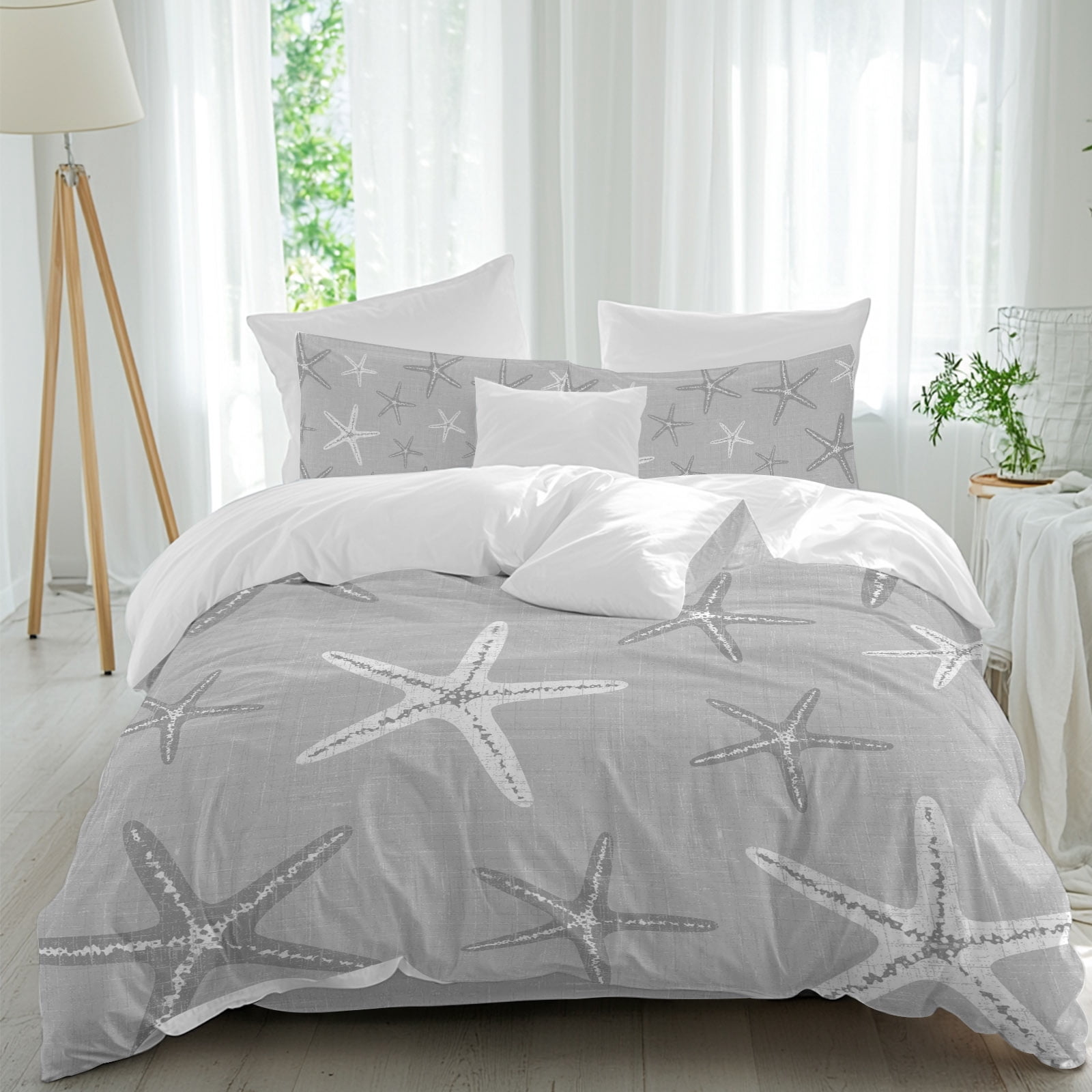 4 Piece Duvet Cover Set Twin, Ocean Starfish Sketch Gray Burlap Soft ...