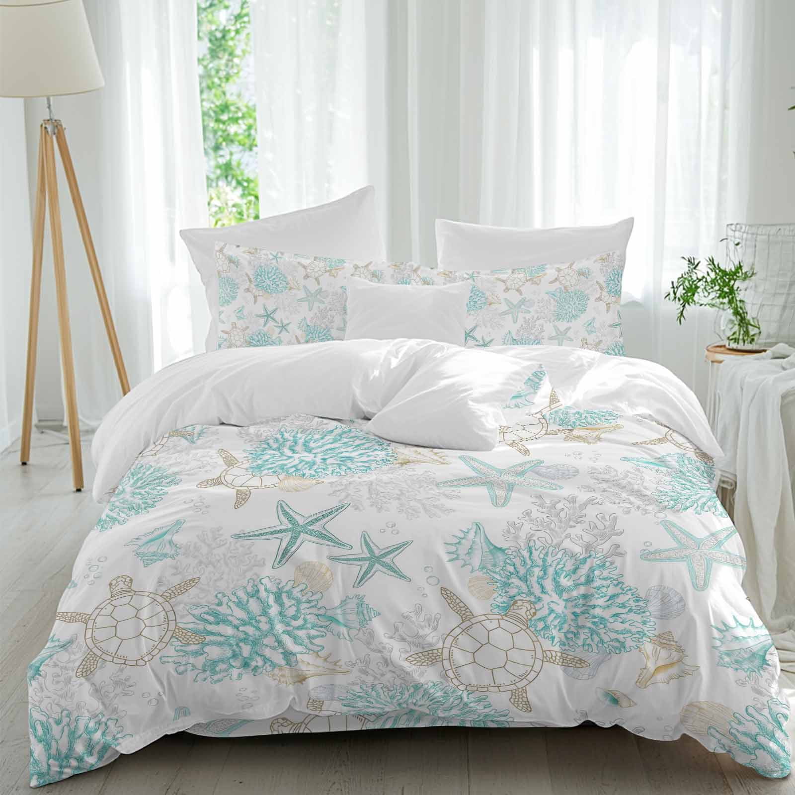 4 Piece Duvet Cover Set Twin, Ocean Turtle Coral Starfish Sea Nut Soft ...