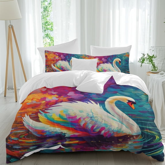4 Piece Duvet Cover Set Twin, Oil Painting Style Swan Soft Breathable ...