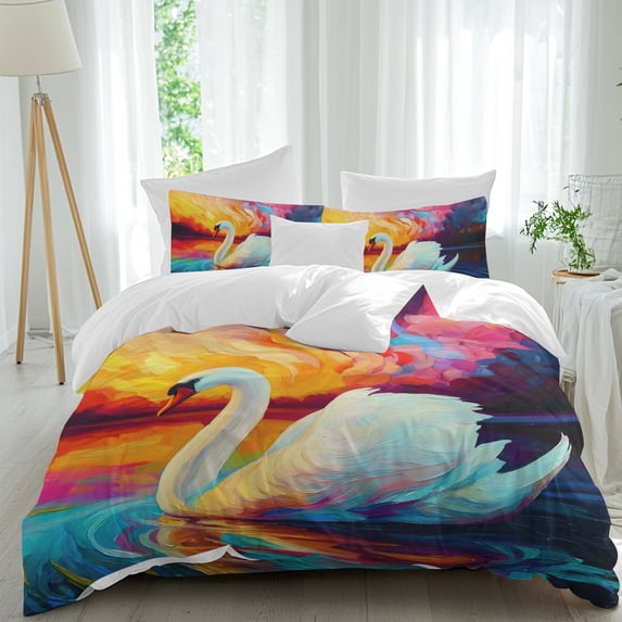 4 Piece Duvet Cover Set Twin, Oil Style Animals Swan Soft Breathable ...