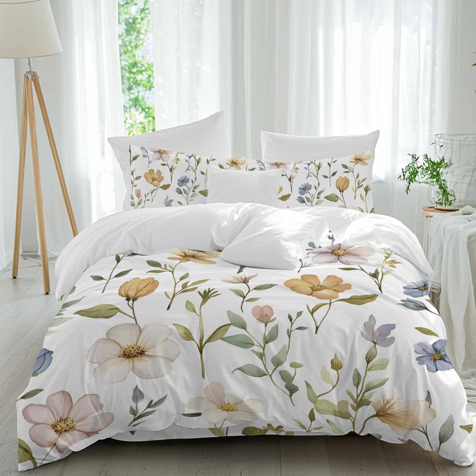 4 Piece Duvet Cover Set Twin, Pastoral Floral Green Leaves Soft ...