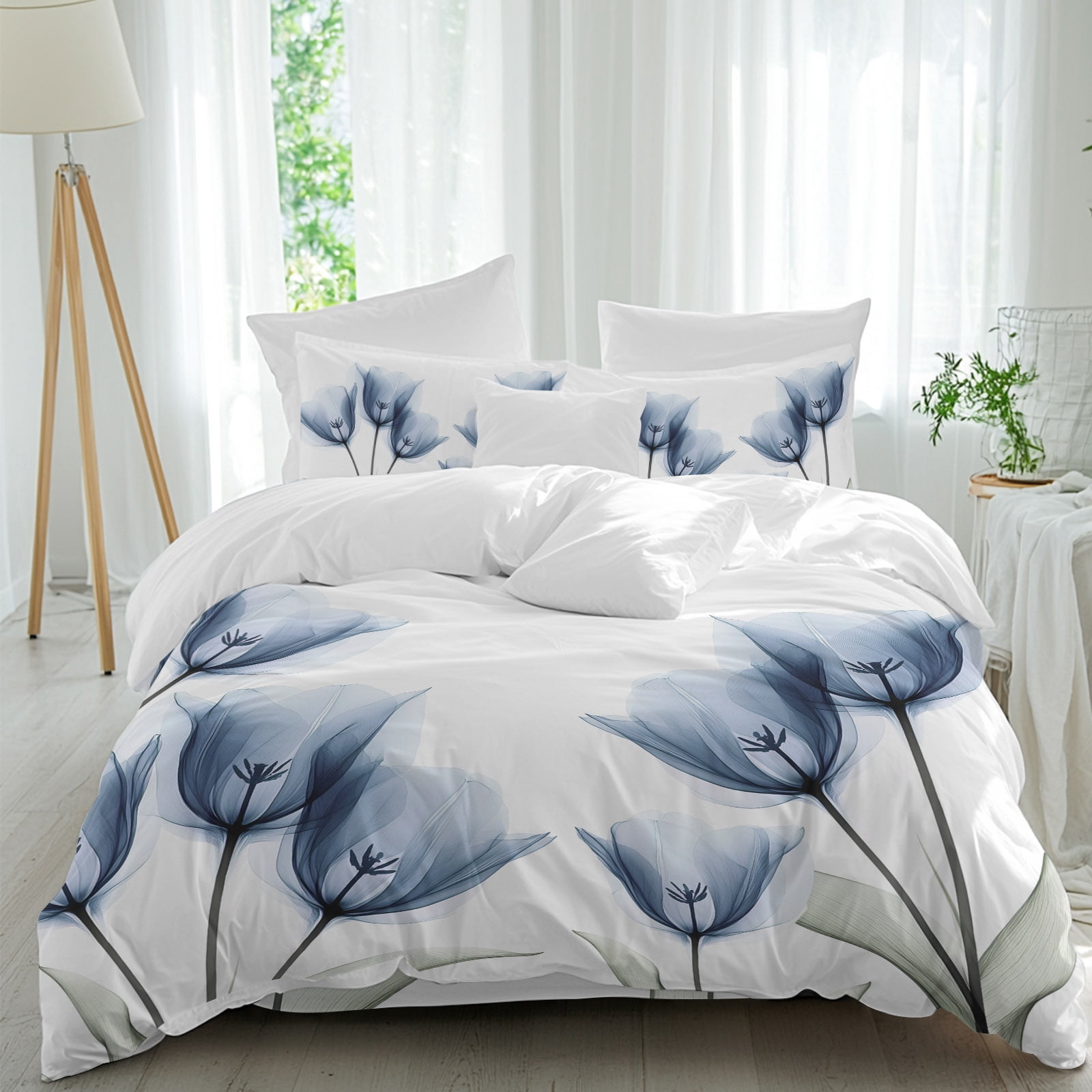 4 Piece Duvet Cover Set Twin, Pastoral Spring Blue Tulip Flower Soft ...