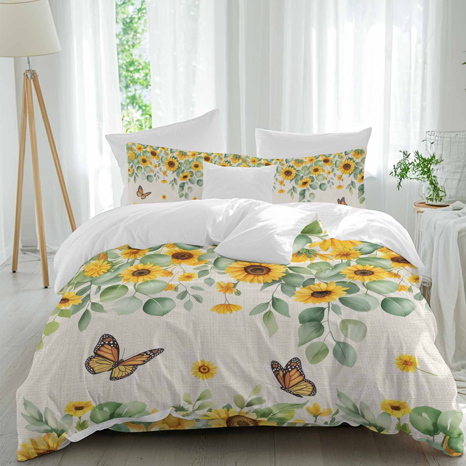 4 Piece Duvet Cover Set Twin, Pastoral Sunflower Butterfly Soft ...