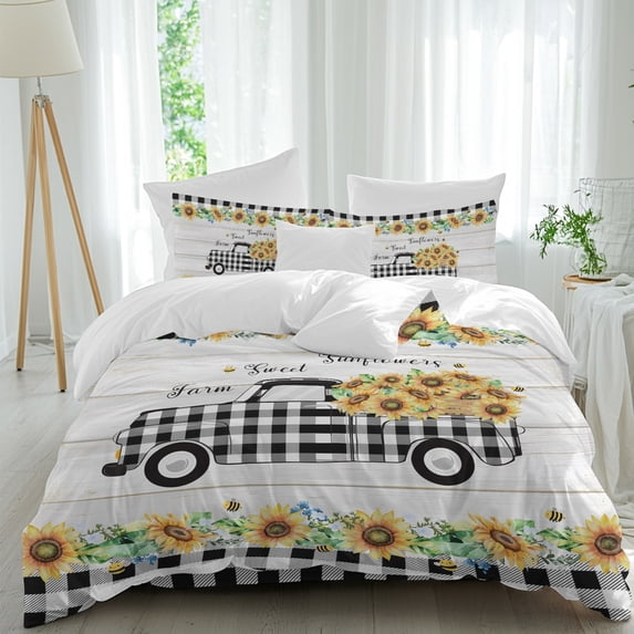 4 Piece Duvet Cover Set Twin, Pastoral Yellow Sunflower Truck Soft ...