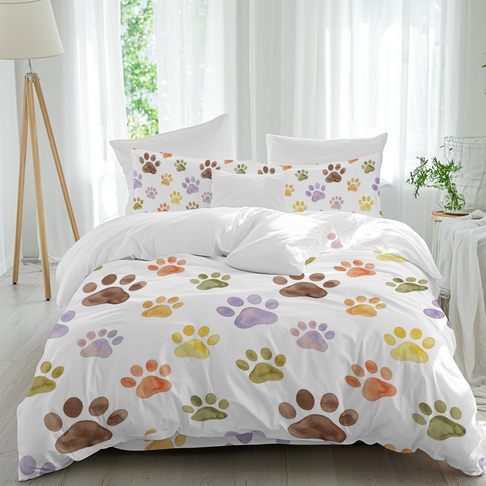 4 Piece Duvet Cover Set Twin, Purple Orange Yellow Colorful Paws Soft ...