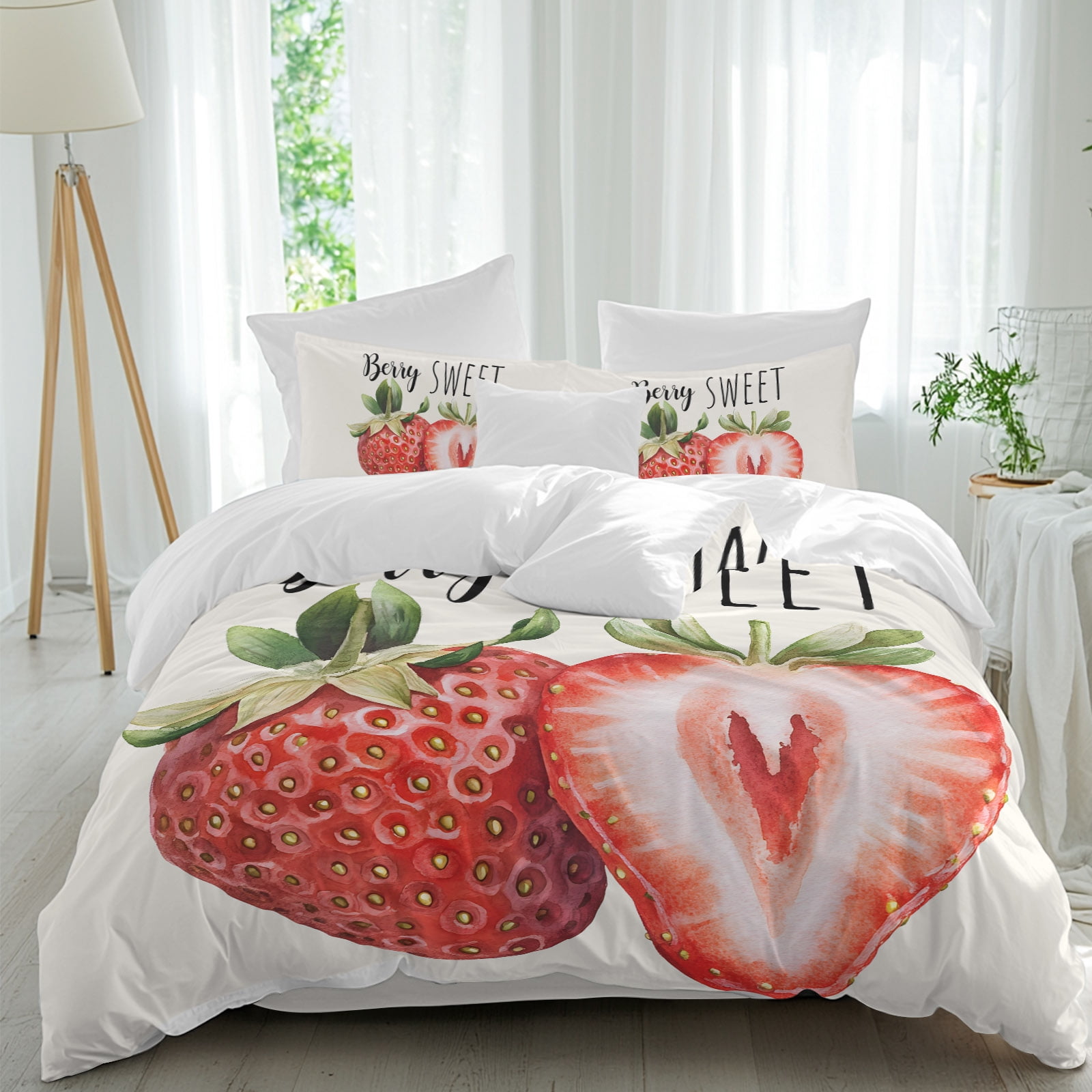 4 Piece Duvet Cover Set Twin, Red Strawberry Farm Fruit Soft Breathable ...