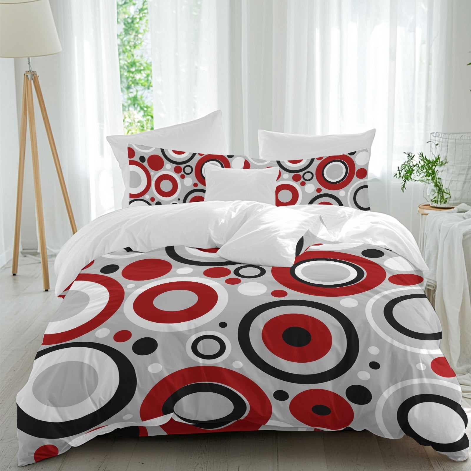 4 Piece Duvet Cover Set Twin, Red White Black Circle on Gray Soft ...
