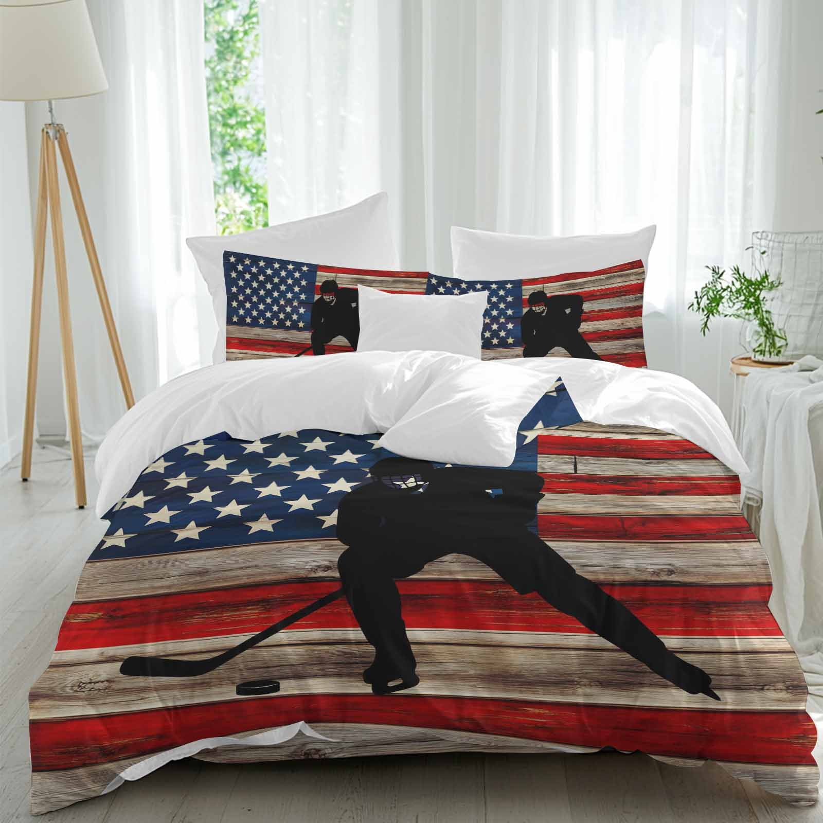 4 Piece Duvet Cover Set Twin, Retro American Flag on Red Brown Stripes ...