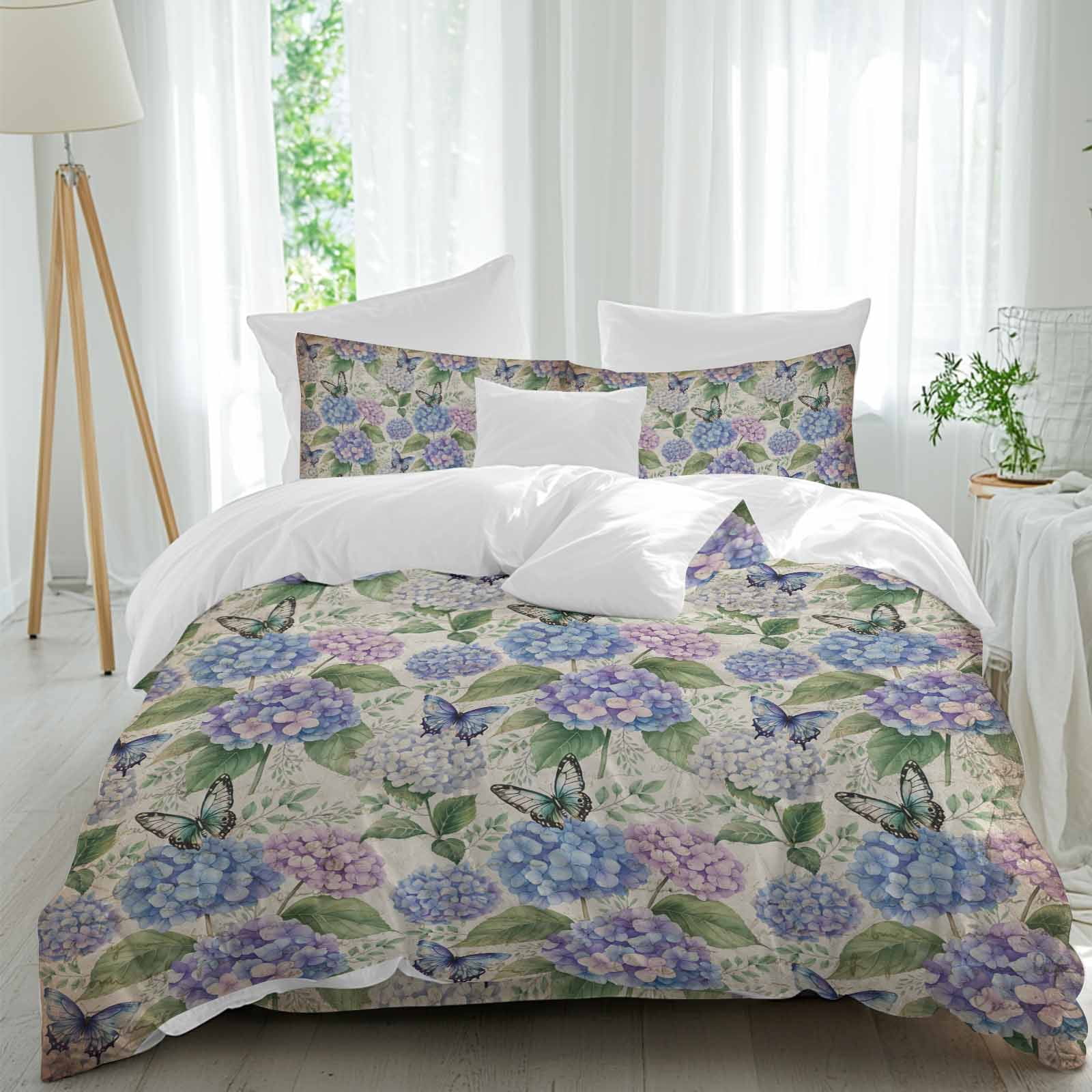 4 Piece Duvet Cover Set Twin, Retro Blue Purple Hydrangea Soft ...