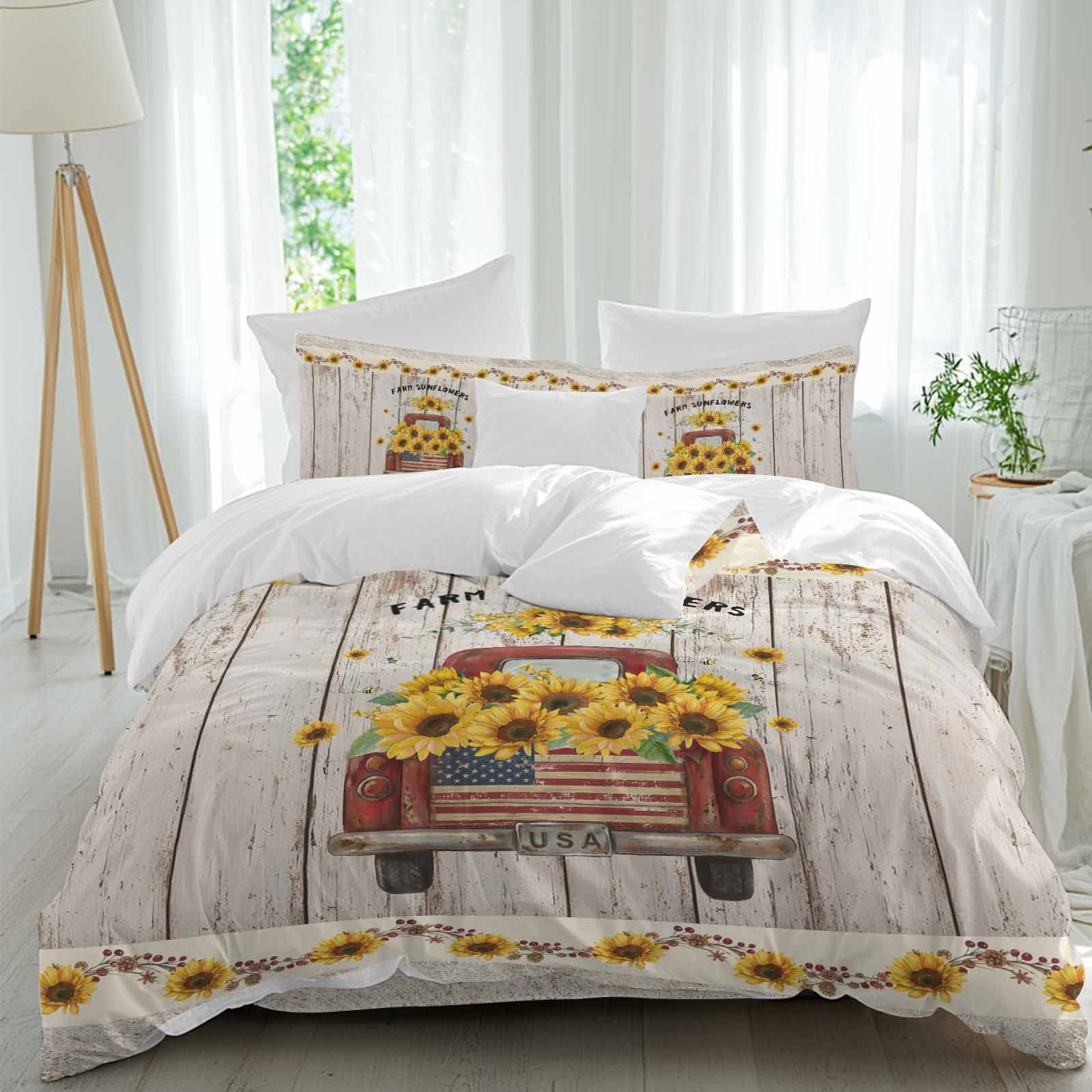4 Piece Duvet Cover Set Twin, Retro Farm Sunflower Red Truck Soft ...