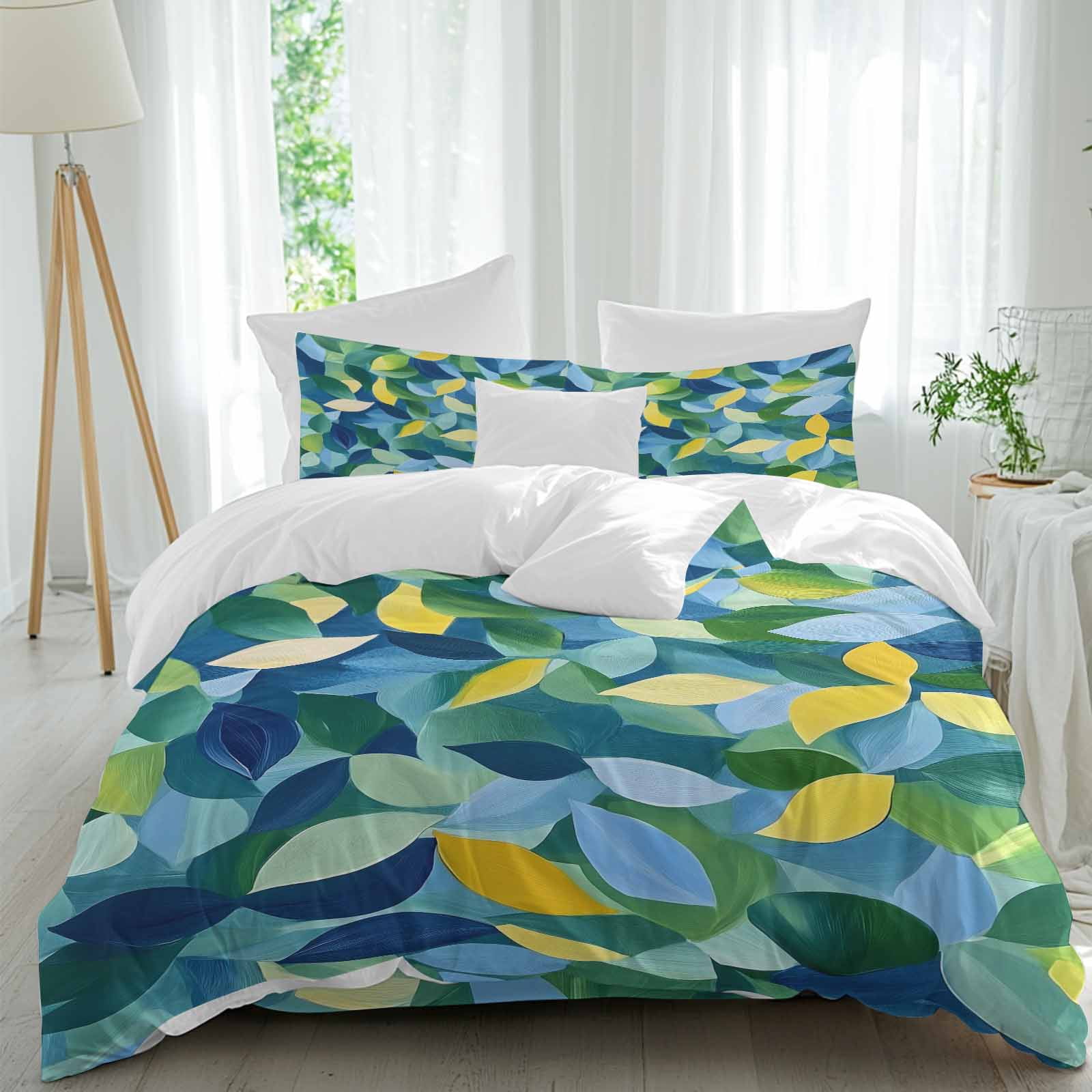 4 Piece Duvet Cover Set Twin, Retro Watercolor Spring Leaves Plant Soft ...