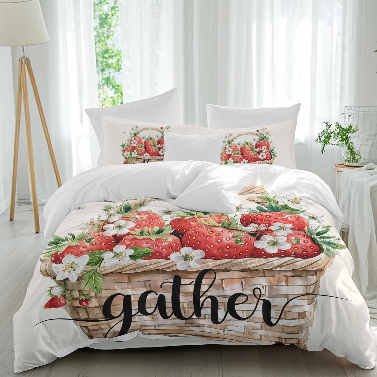 4 Piece Duvet Cover Set Twin, Retro Watercolor Strawberry in Basket ...