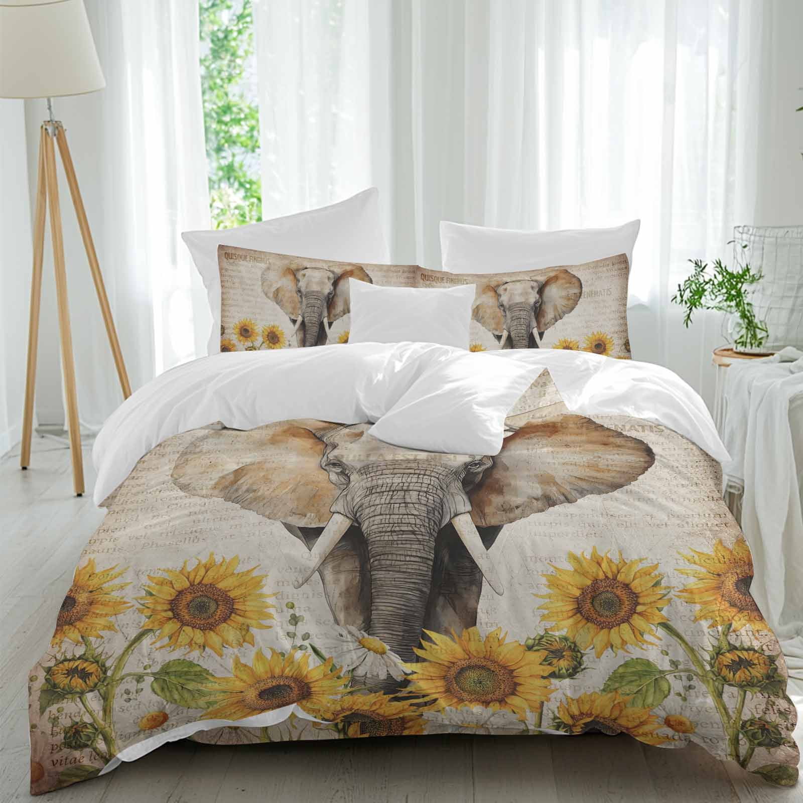 4 Piece Duvet Cover Set Twin, Rustic Elephant Daisy Sunflower Soft ...