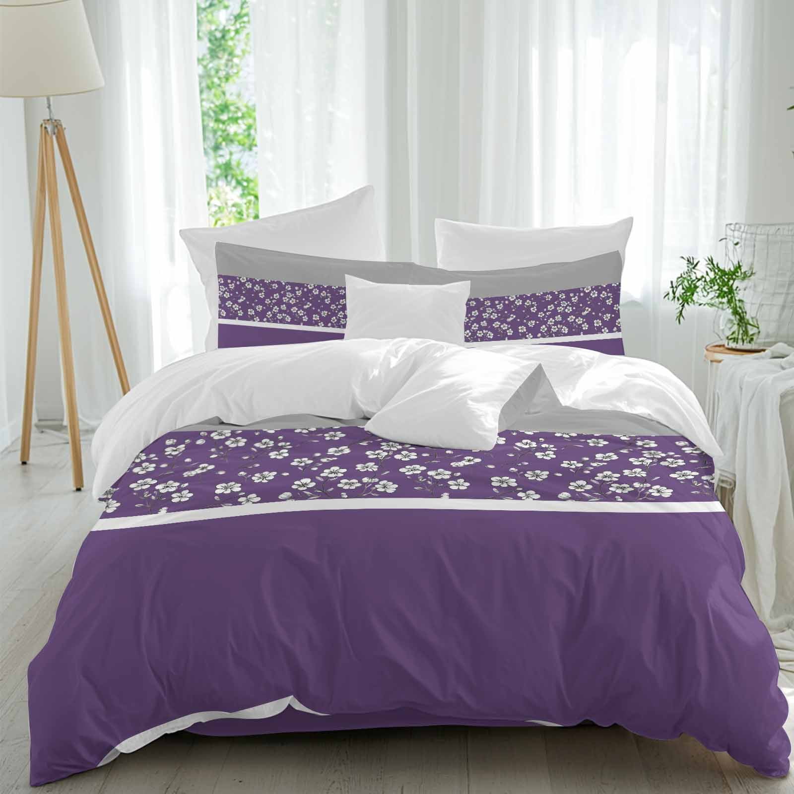 4 Piece Duvet Cover Set Twin, Rustic Flower Purple Gray Stitching Art ...