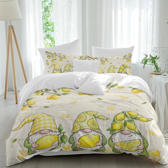 4 Piece Duvet Cover Set Twin, Rustic Gnome Lemon Fruit Leaf Soft ...