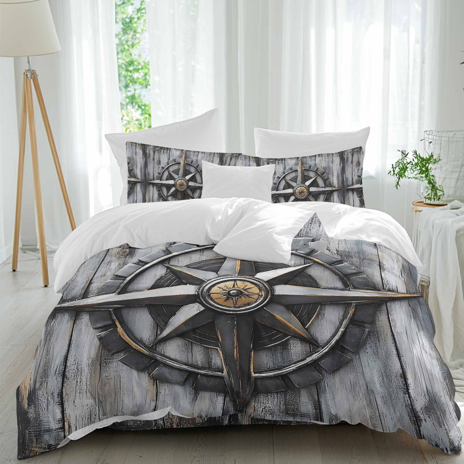 4 Piece Duvet Cover Set Twin, Rustic Navigation Compass Soft Breathable ...