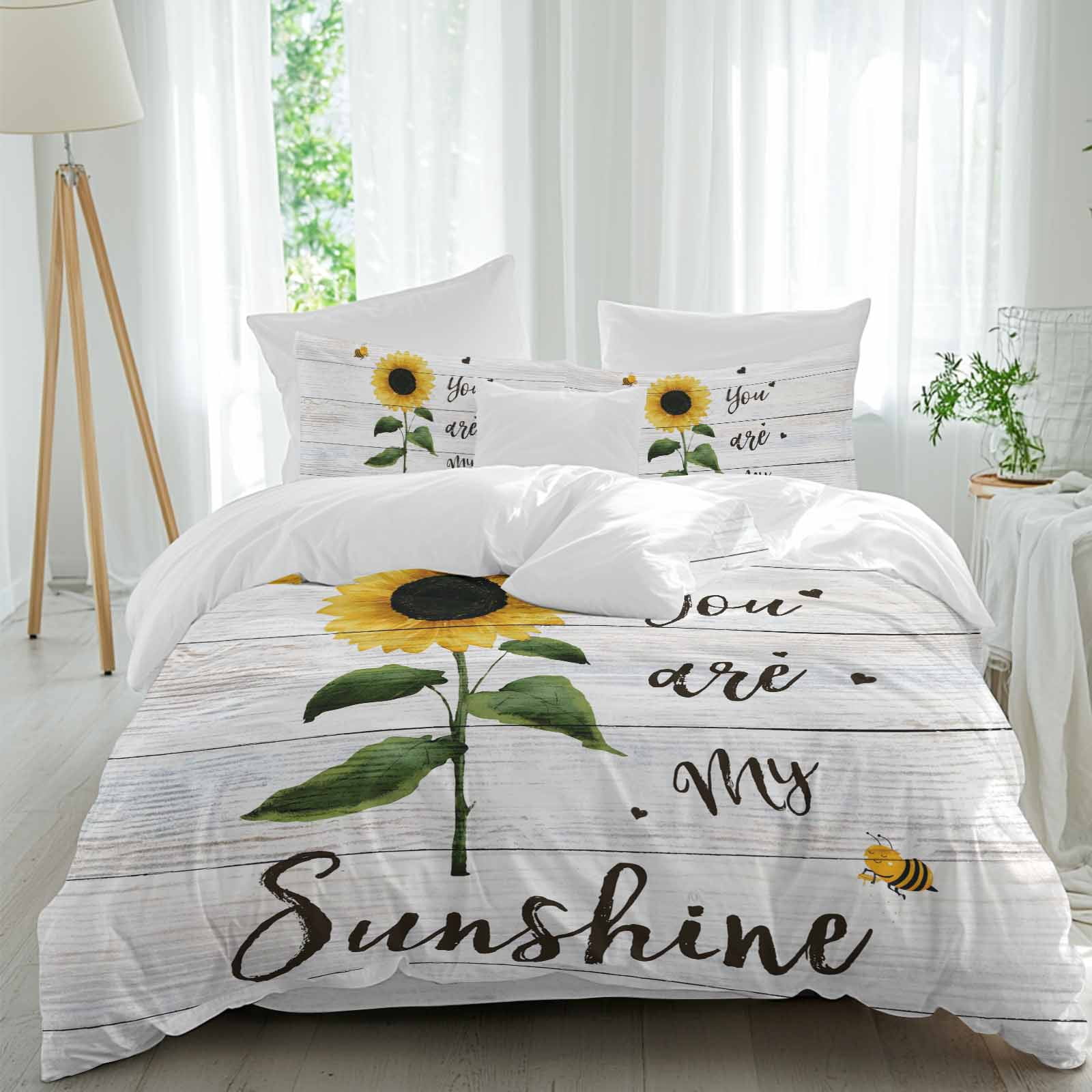 4 Piece Duvet Cover Set Twin, Rustic Pastoral Sunflower Bee Soft ...