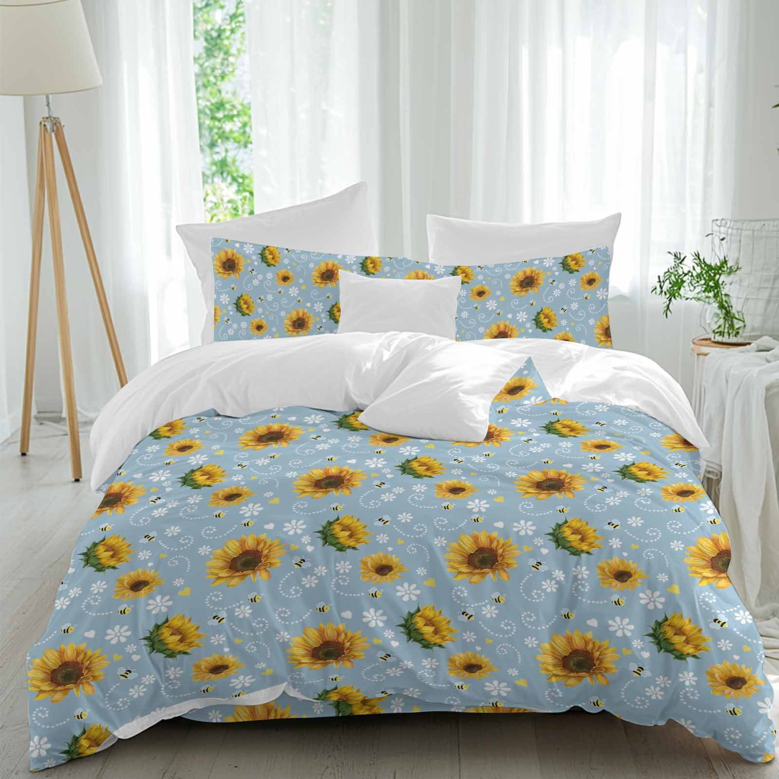 4 Piece Duvet Cover Set Twin, Rustic Watercolor Sunflower on Blue Soft ...