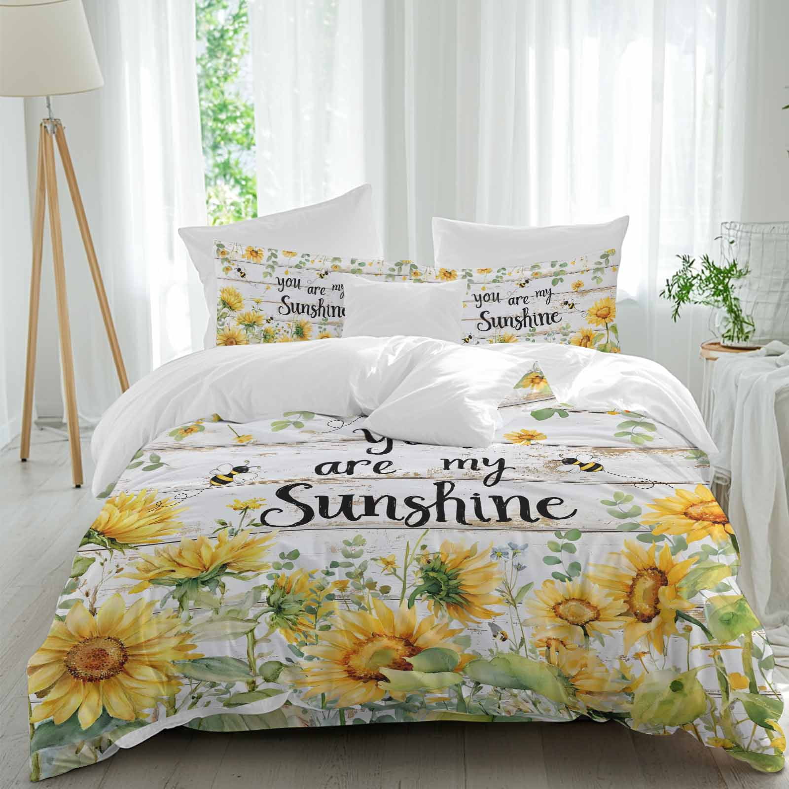 4 Piece Duvet Cover Set Twin, Rustic Yellow Sunflower Green Leaf Soft ...