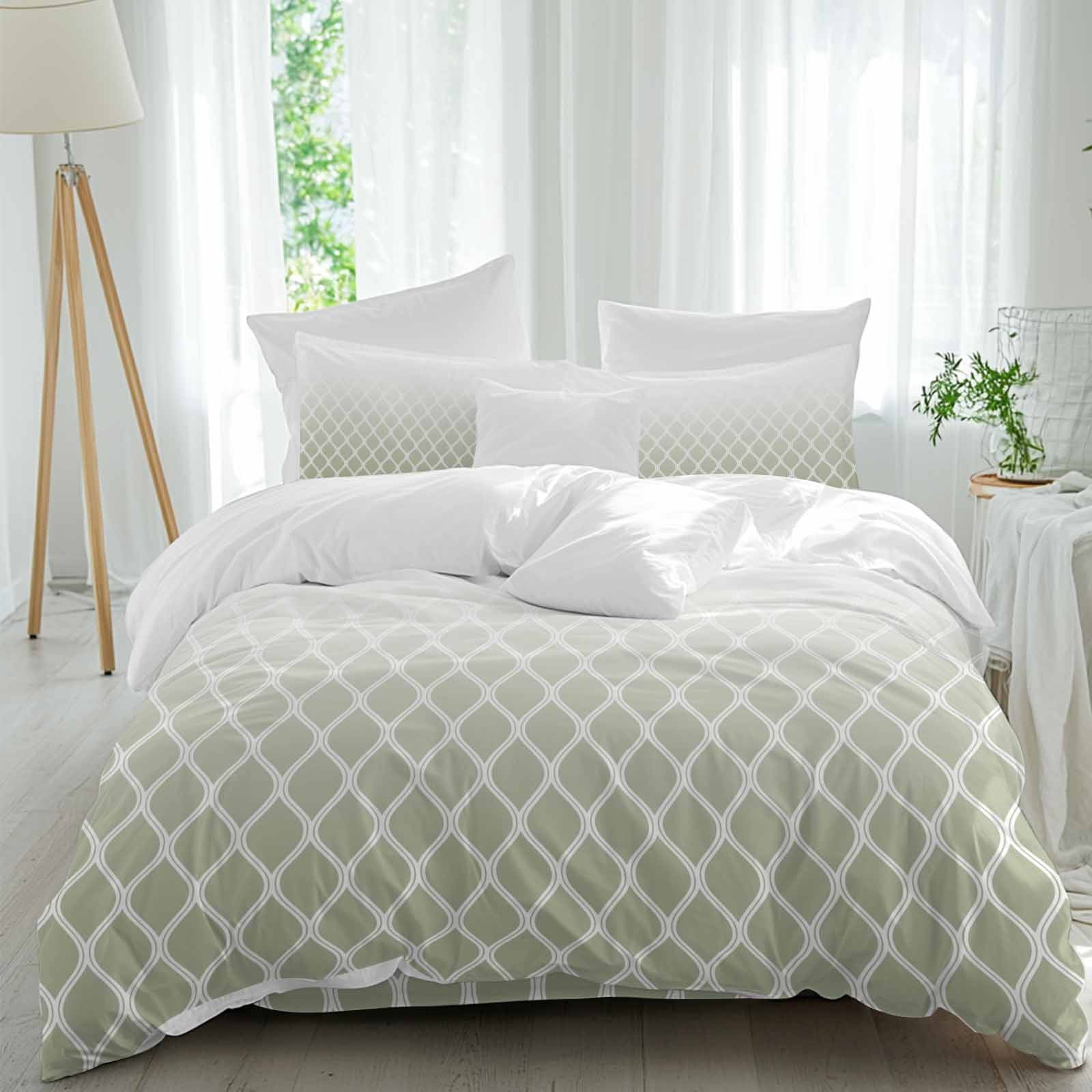 4 Piece Duvet Cover Set Twin, Sage Green Gradient White Grid Soft ...