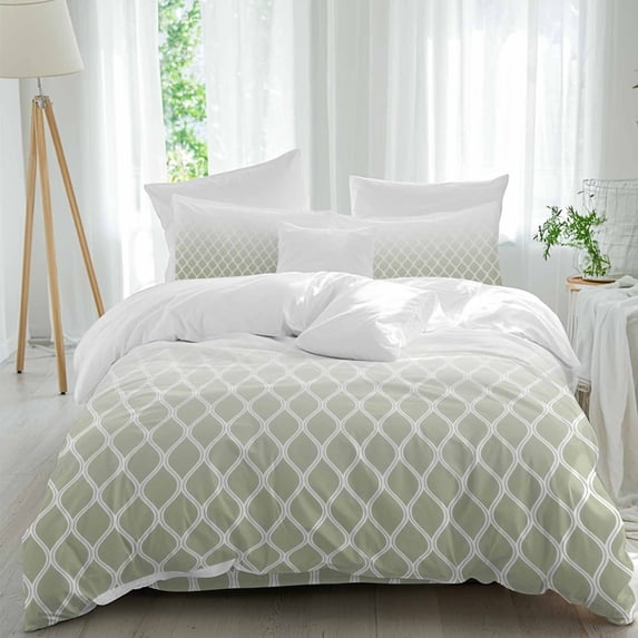 4 Piece Duvet Cover Set Twin, Sage Green Gradient White Grid Soft ...