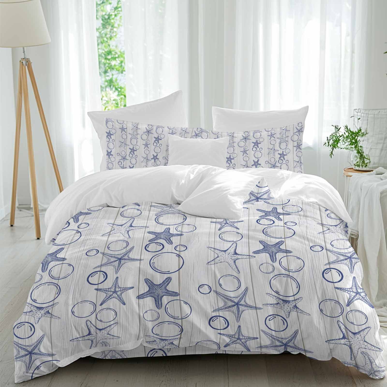 4 Piece Duvet Cover Set Twin, Sea Stars Bubbles on Wood Board Soft ...
