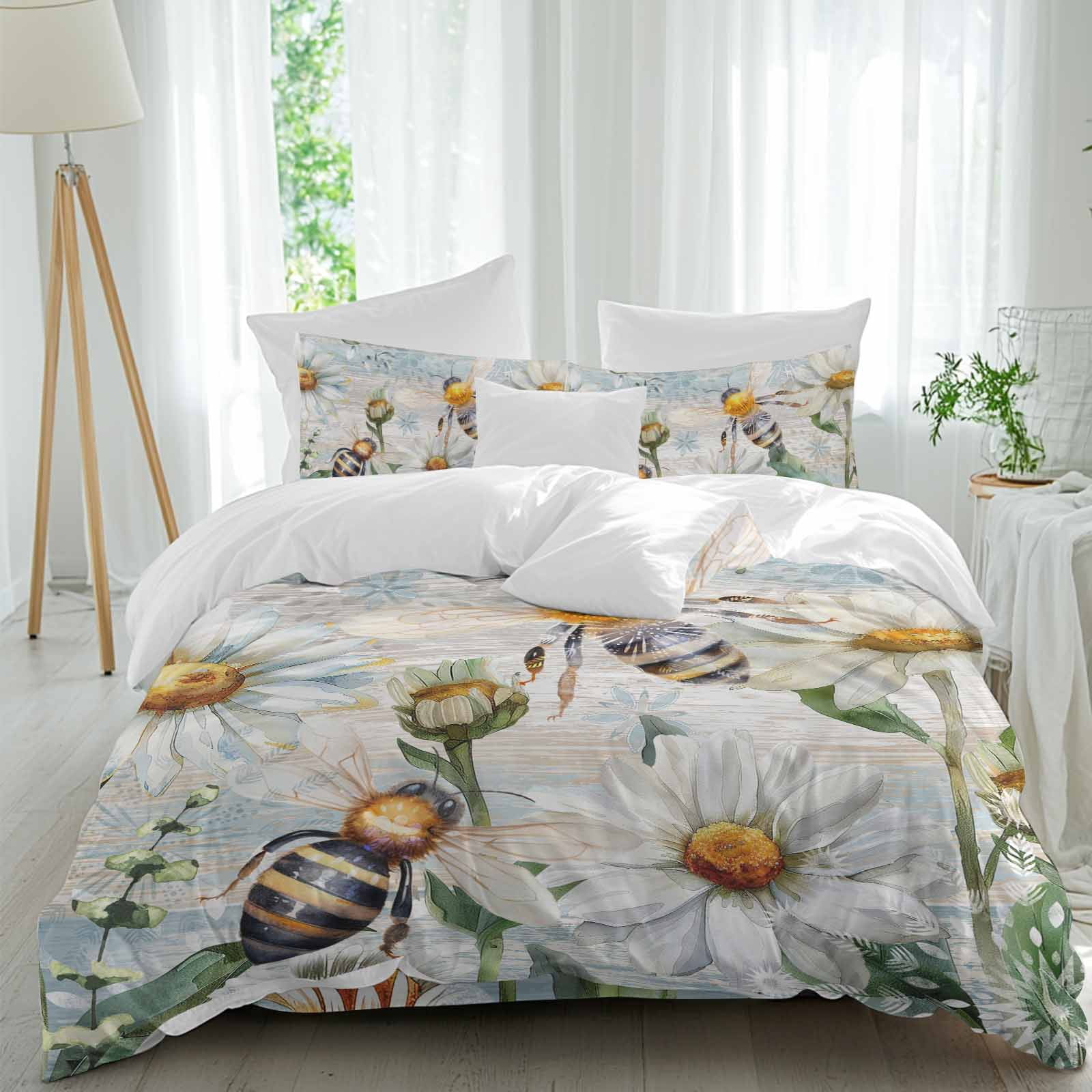 4 Piece Duvet Cover Set Twin, Spring Blossom Daisy Floral Bee Soft ...