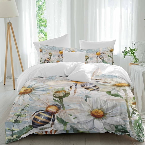 4 Piece Duvet Cover Set Twin, Spring Blossom Daisy Floral Bee Soft ...