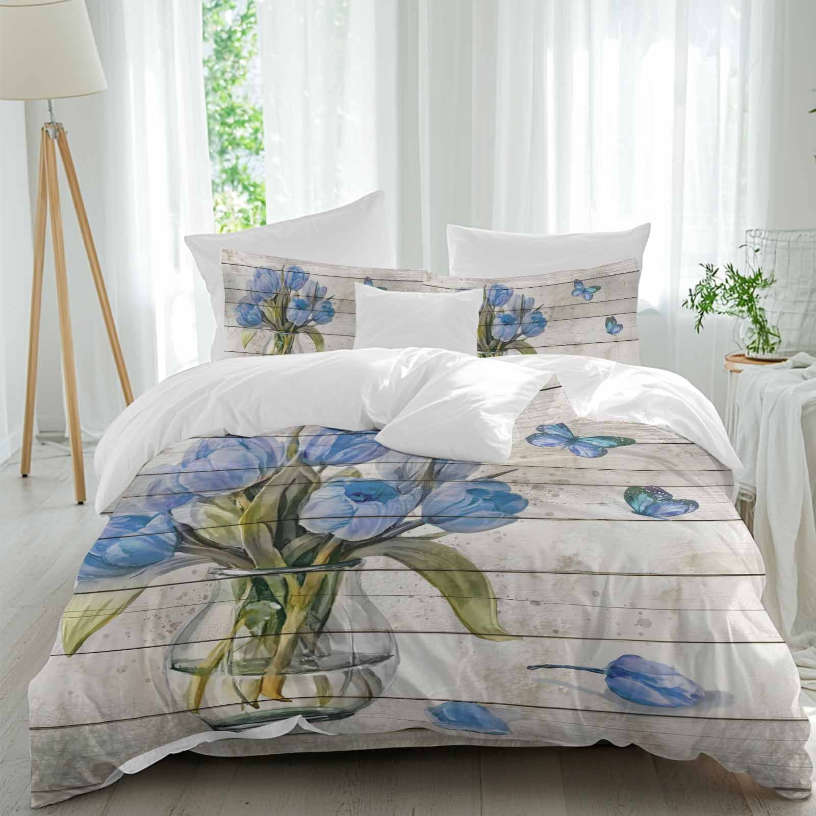 4 Piece Duvet Cover Set Twin, Spring Blue Flower Butterfly Soft ...