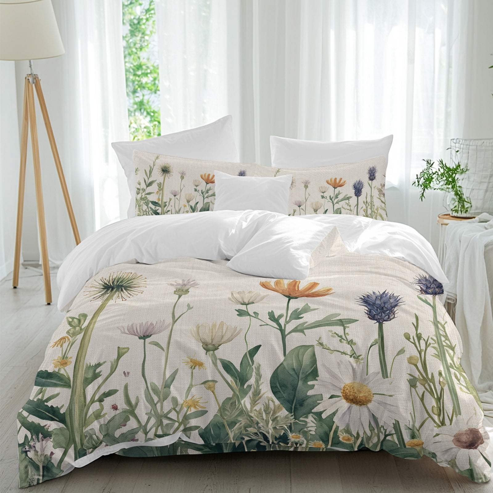 4 Piece Duvet Cover Set Twin, Spring Farmhouse Flower on Vintage Linen ...
