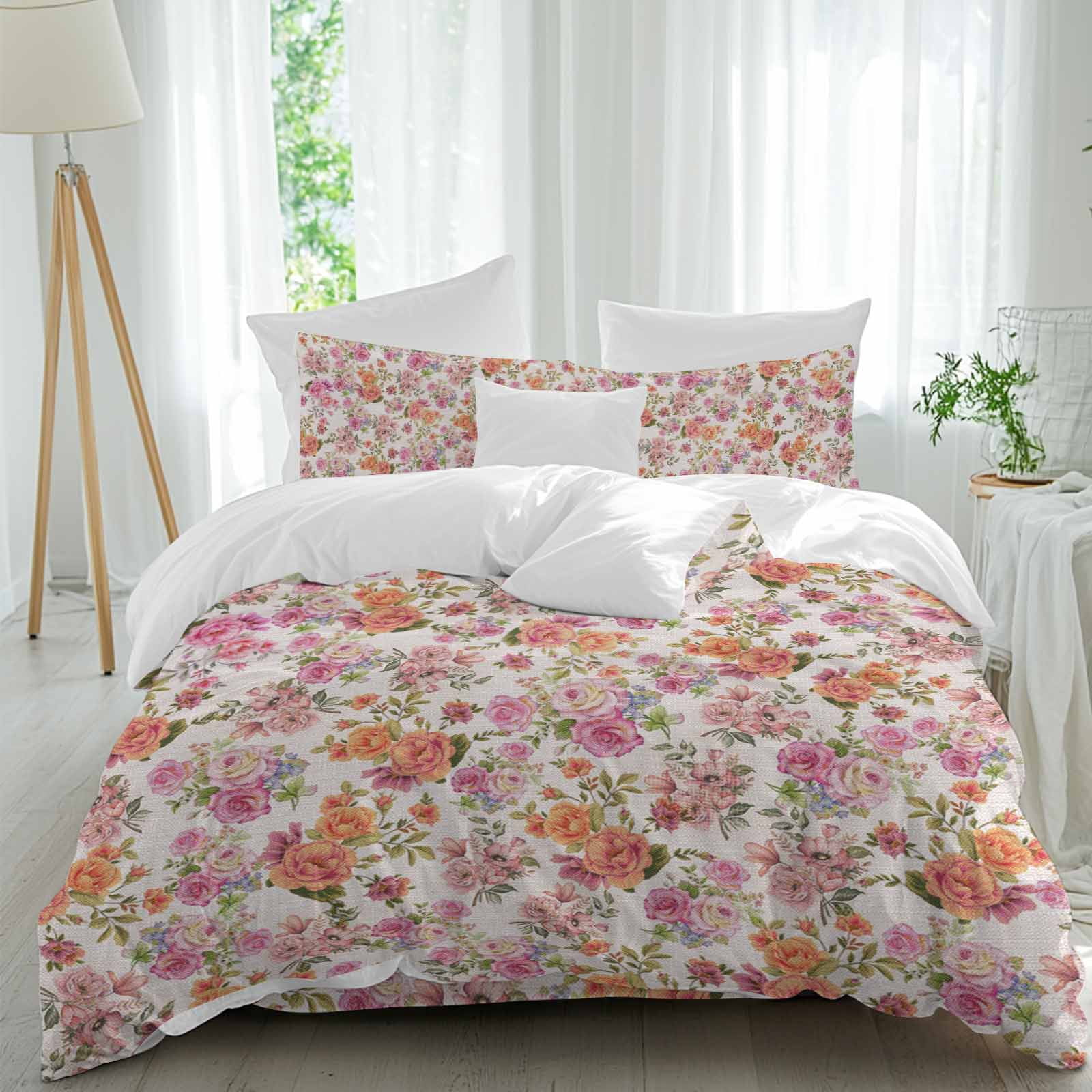 4 Piece Duvet Cover Set Twin, Spring Orange Pink Blossom Flower Soft ...