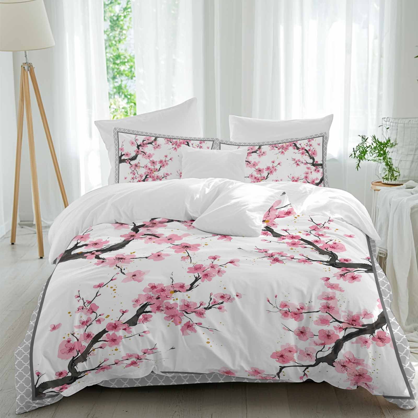 4 Piece Duvet Cover Set Twin, Spring Pink Cherry Flower Soft Breathable ...