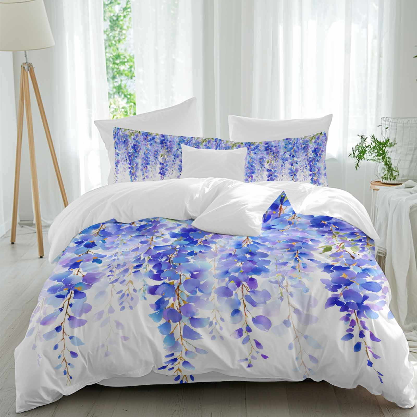 4 Piece Duvet Cover Set Twin, Spring Purple Green Leaves Soft ...