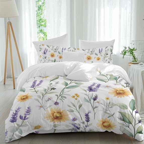 4 Piece Duvet Cover Set Twin, Spring Sunflower Green Watercolor Leaves ...