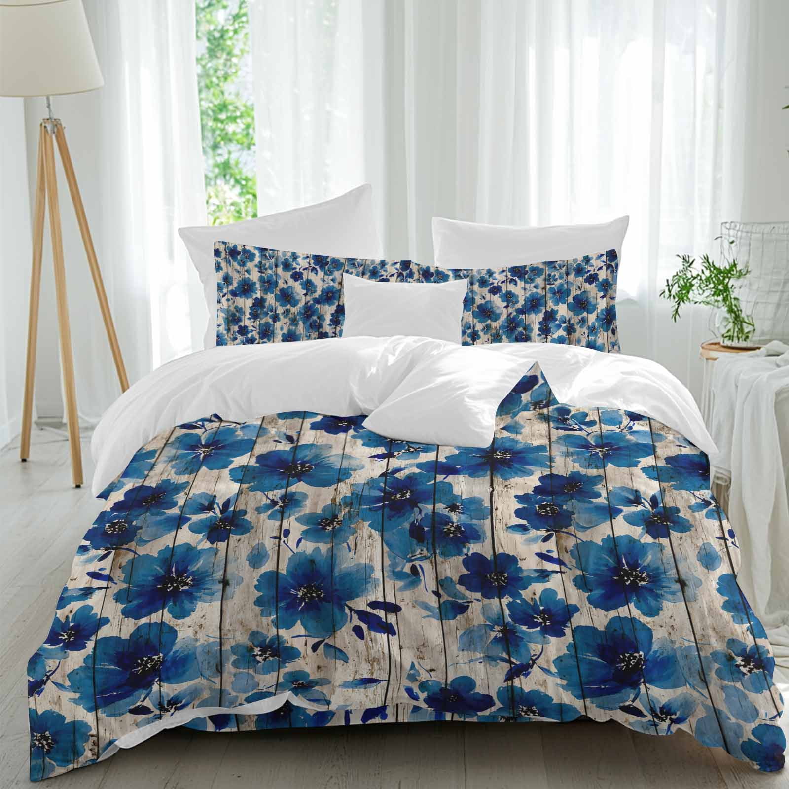 4 Piece Duvet Cover Set Twin, Spring Watercolor Blue Flower Soft ...