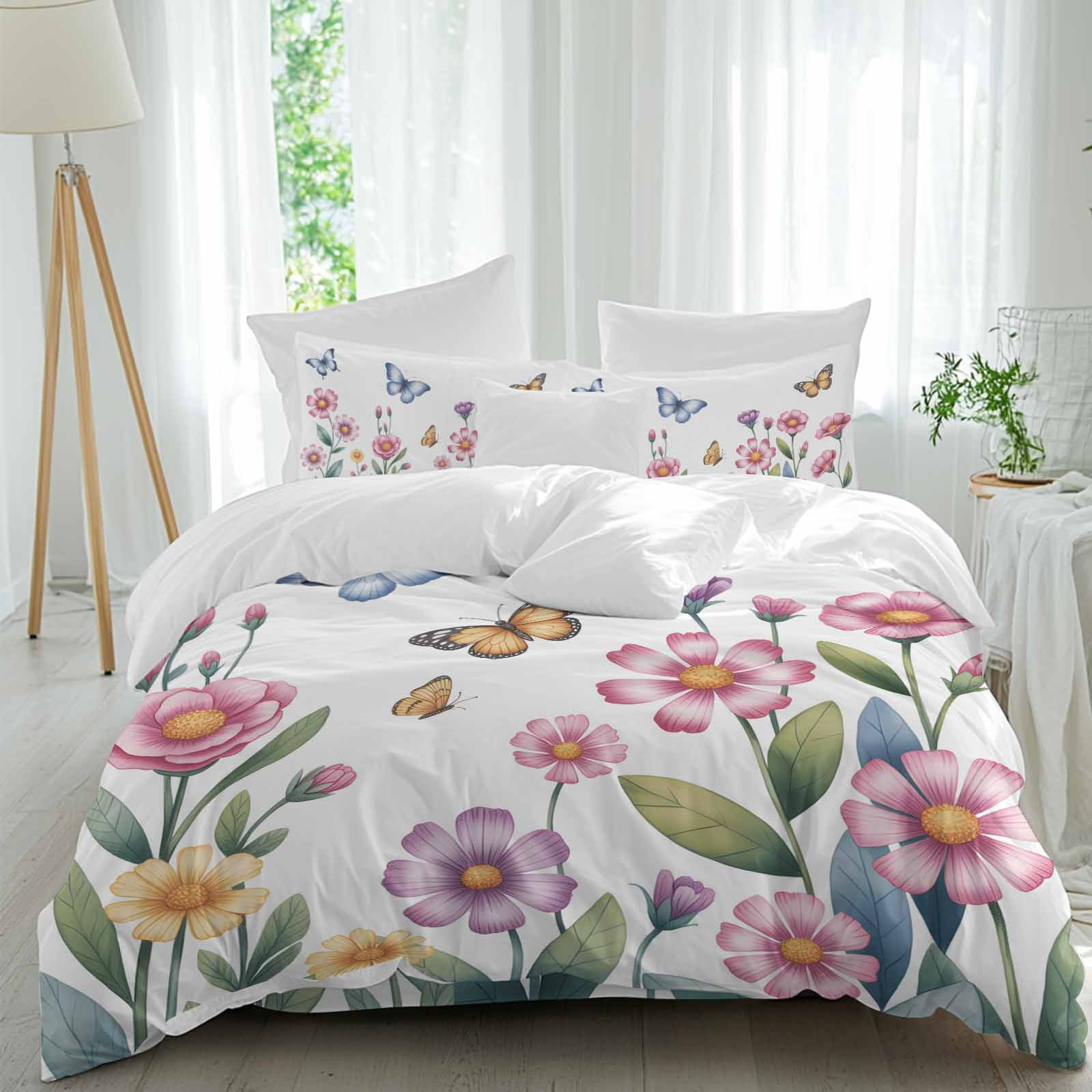 4 Piece Duvet Cover Set Twin, Spring Watercolor Flower Leaves Soft ...
