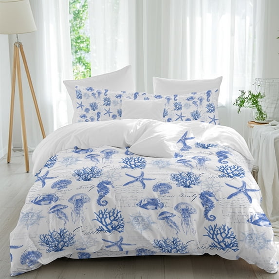 4 Piece Duvet Cover Set Twin, Summer Blue Ocean Starfish Jellyfish ...