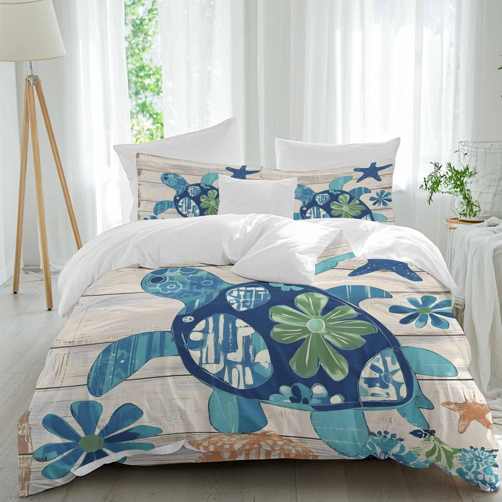 4 Piece Duvet Cover Set Twin, Summer Cartoon Sea Turtles Flower Soft ...