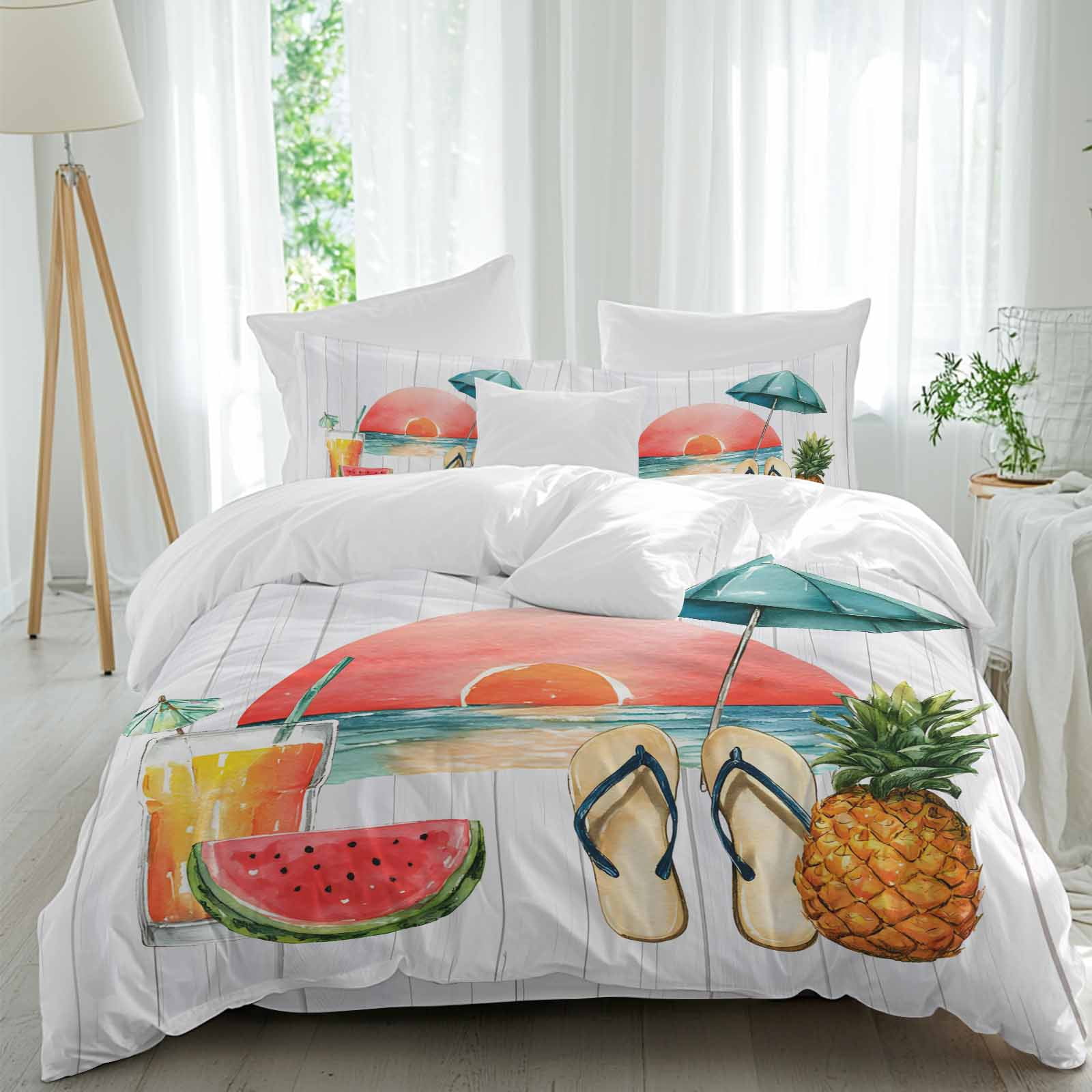 4 Piece Duvet Cover Set Twin, Summer Coastal Watermelon Pineapple Soft ...