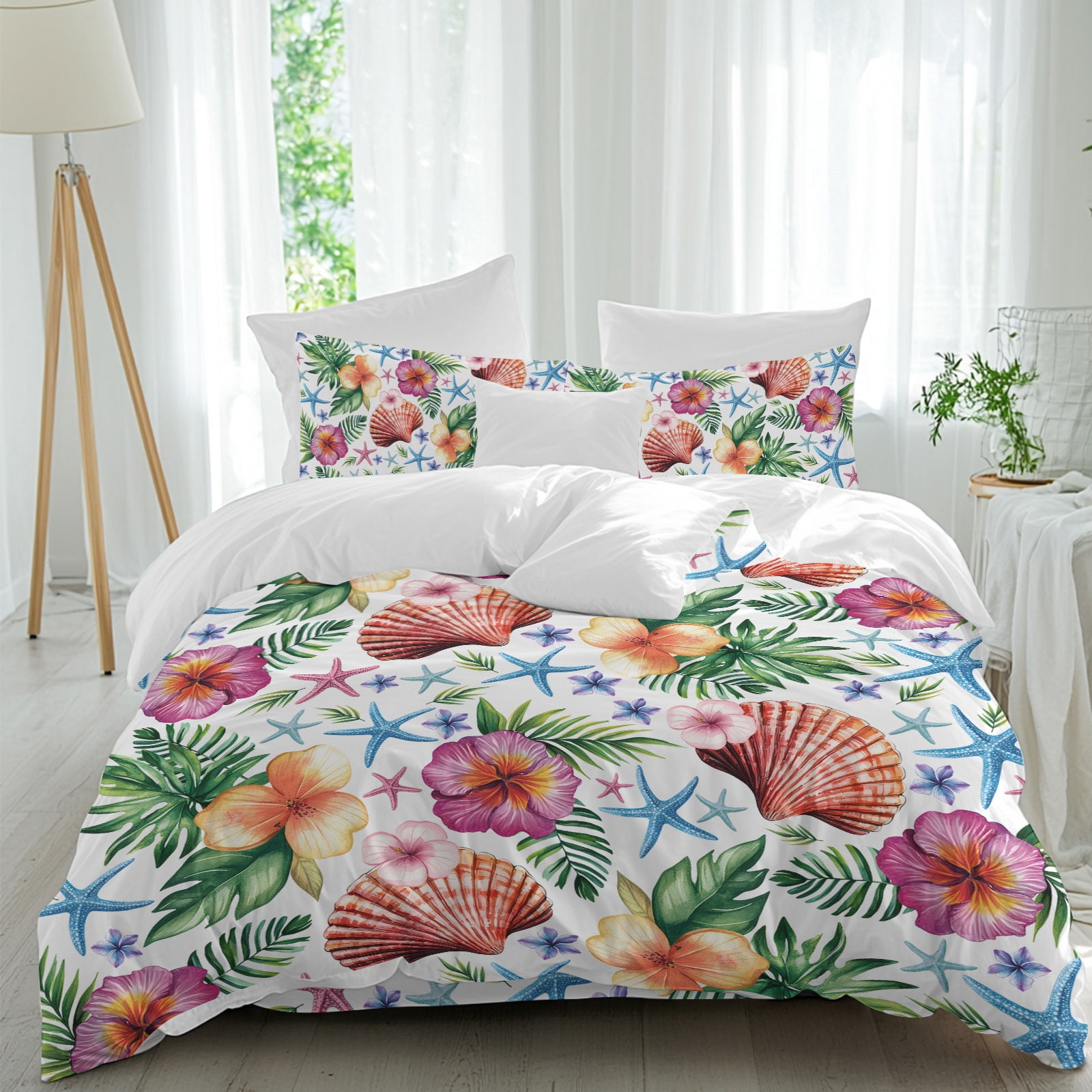 4 Piece Duvet Cover Set Twin, Summer Flower Ocean Shell Starfish Soft ...