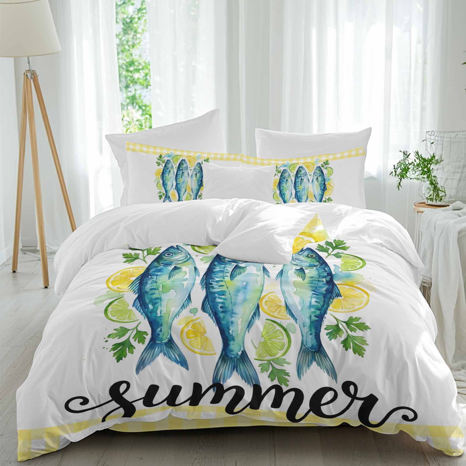4 Piece Duvet Cover Set Twin, Summer Lemon Fish Mint Soft Breathable ...