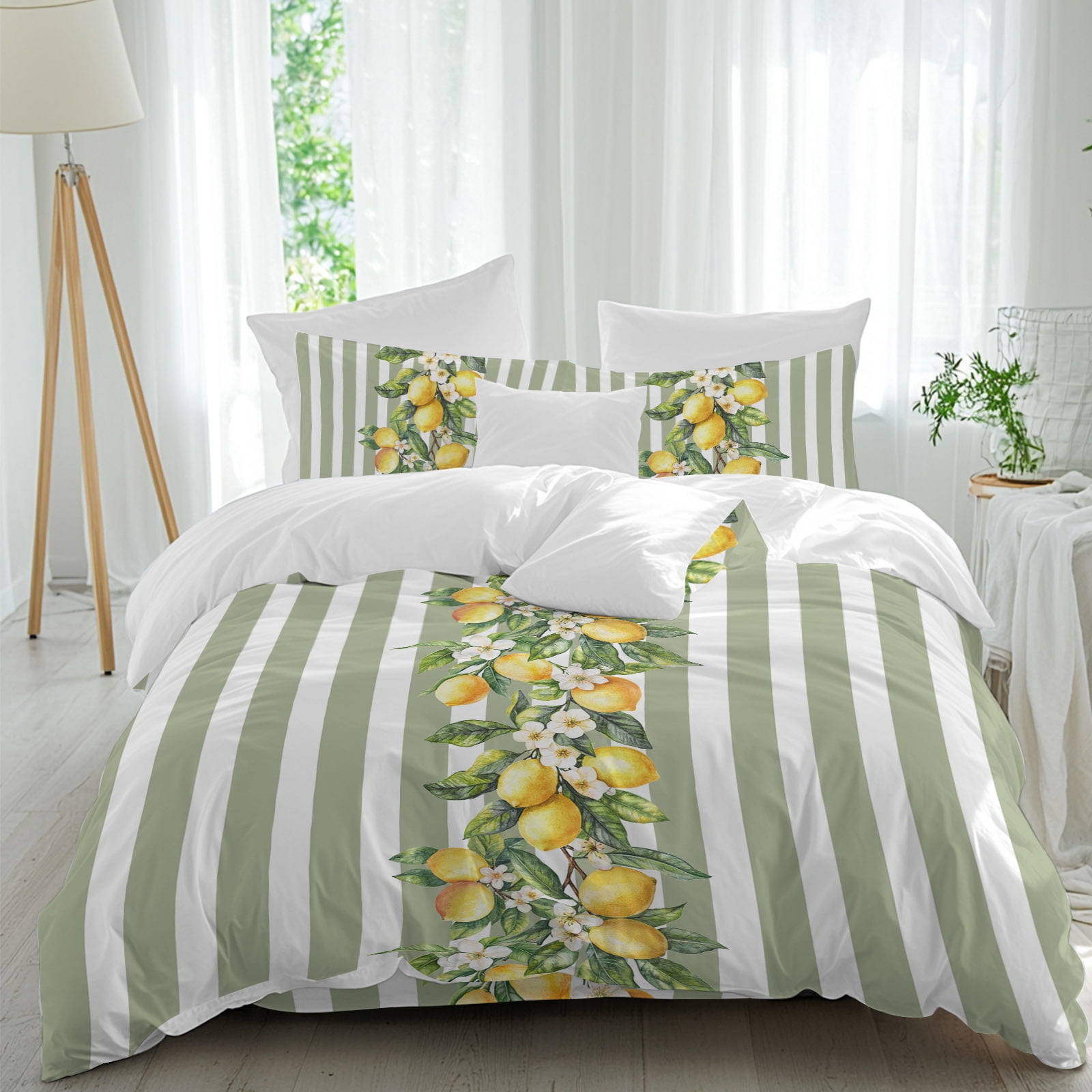 4 Piece Duvet Cover Set Twin, Summer Lemon Sage Green Stripes Soft ...