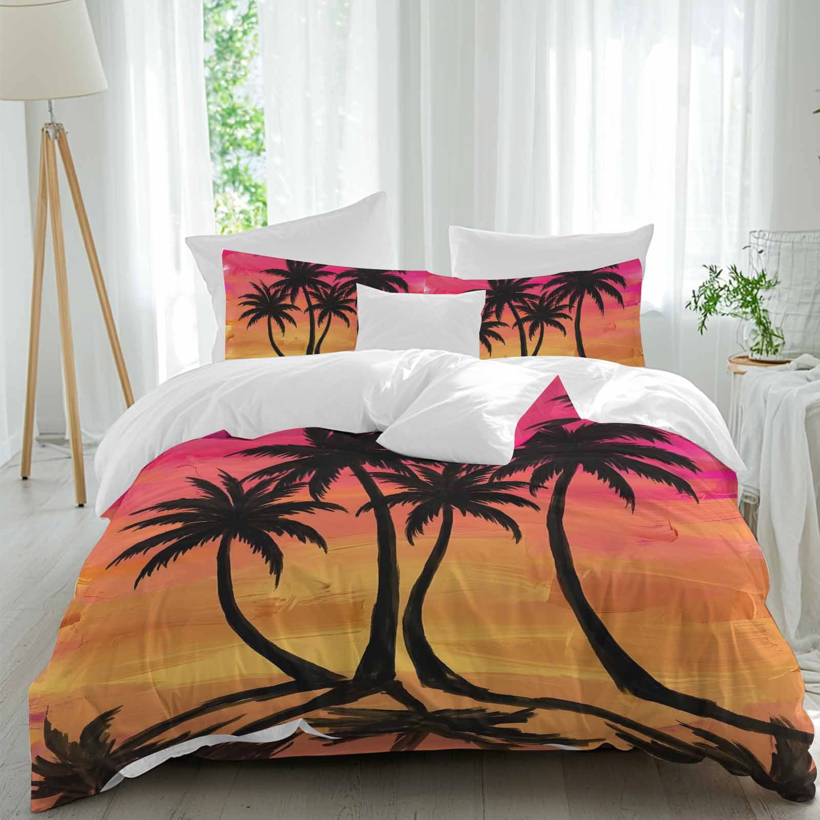 4 Piece Duvet Cover Set Twin, Summer Palm Silhouette Soft Breathable ...