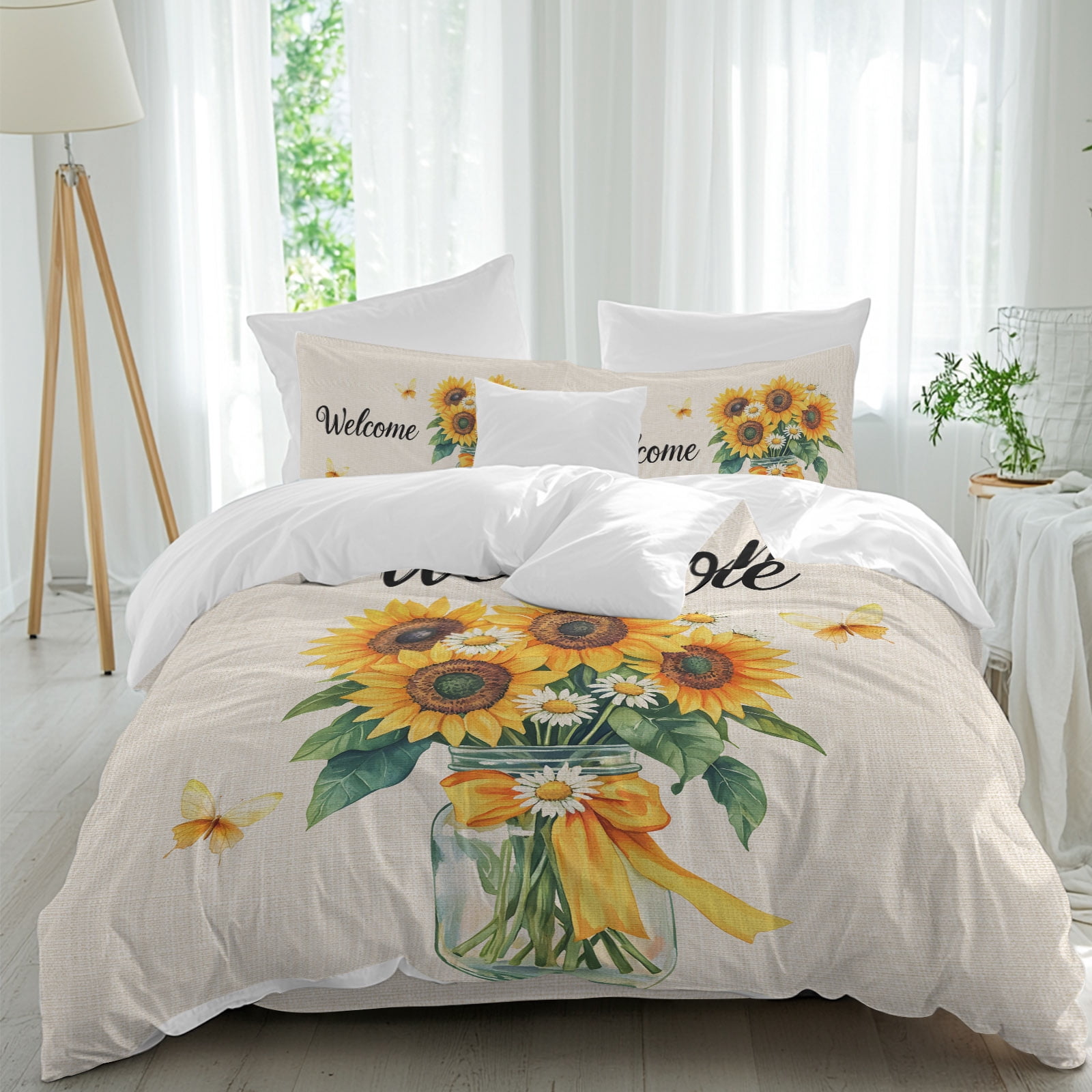 4 Piece Duvet Cover Set Twin, Summer Sunflower Daisy Butterfly Soft ...
