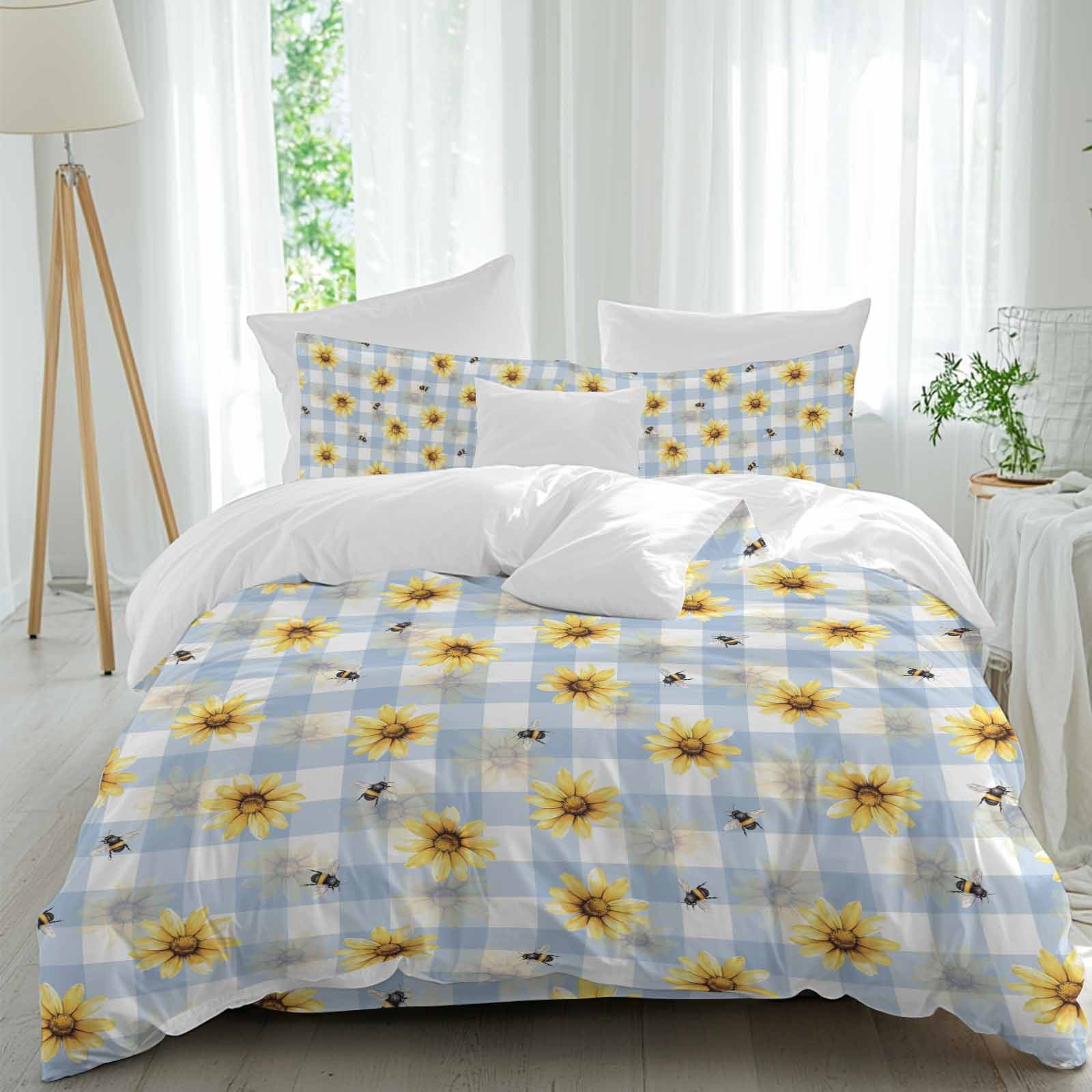 4 Piece Duvet Cover Set Twin, Summer Yellow Daisy Flower Bee Soft ...