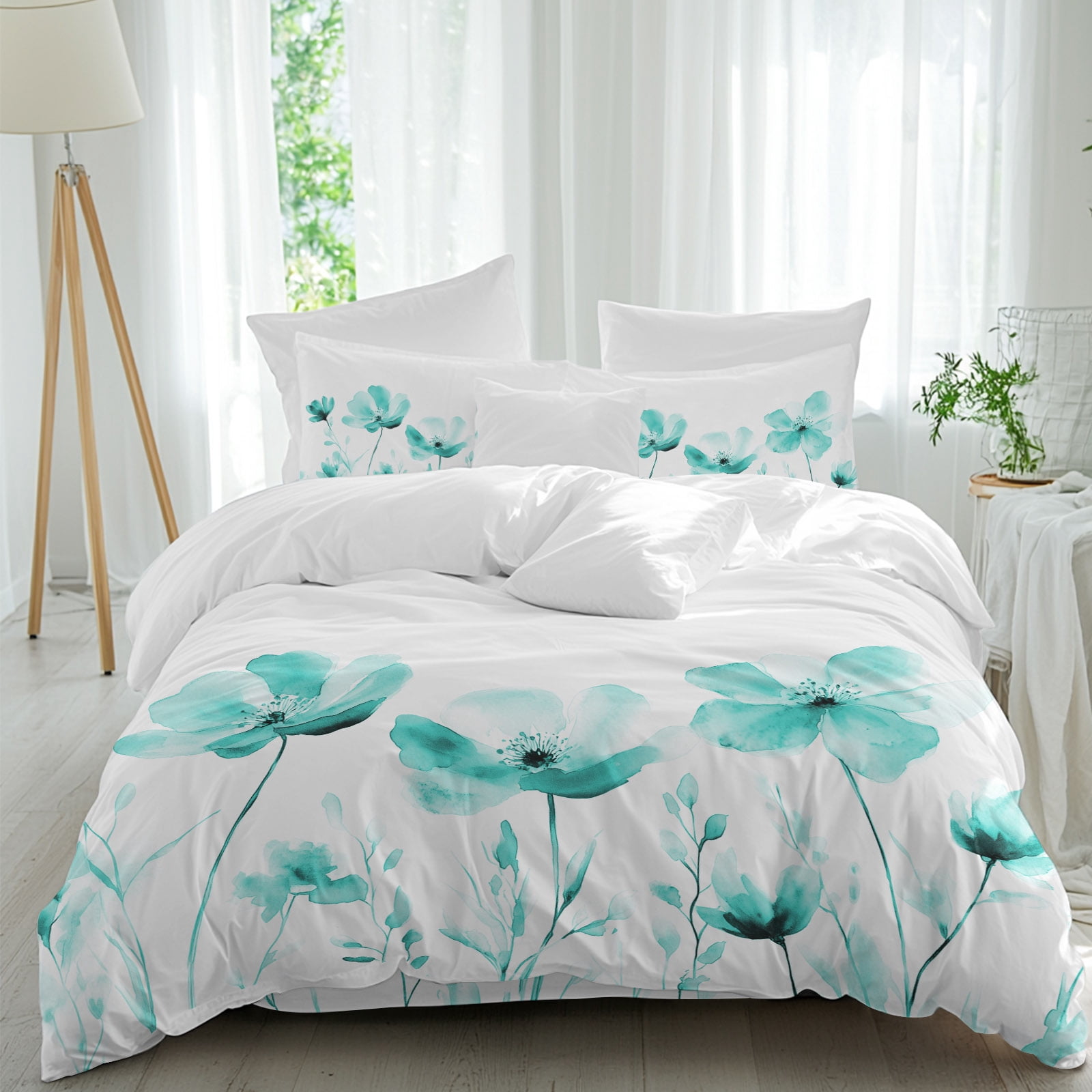 4 Piece Duvet Cover Set Twin, Teal Gradient Flower Botanical Soft ...