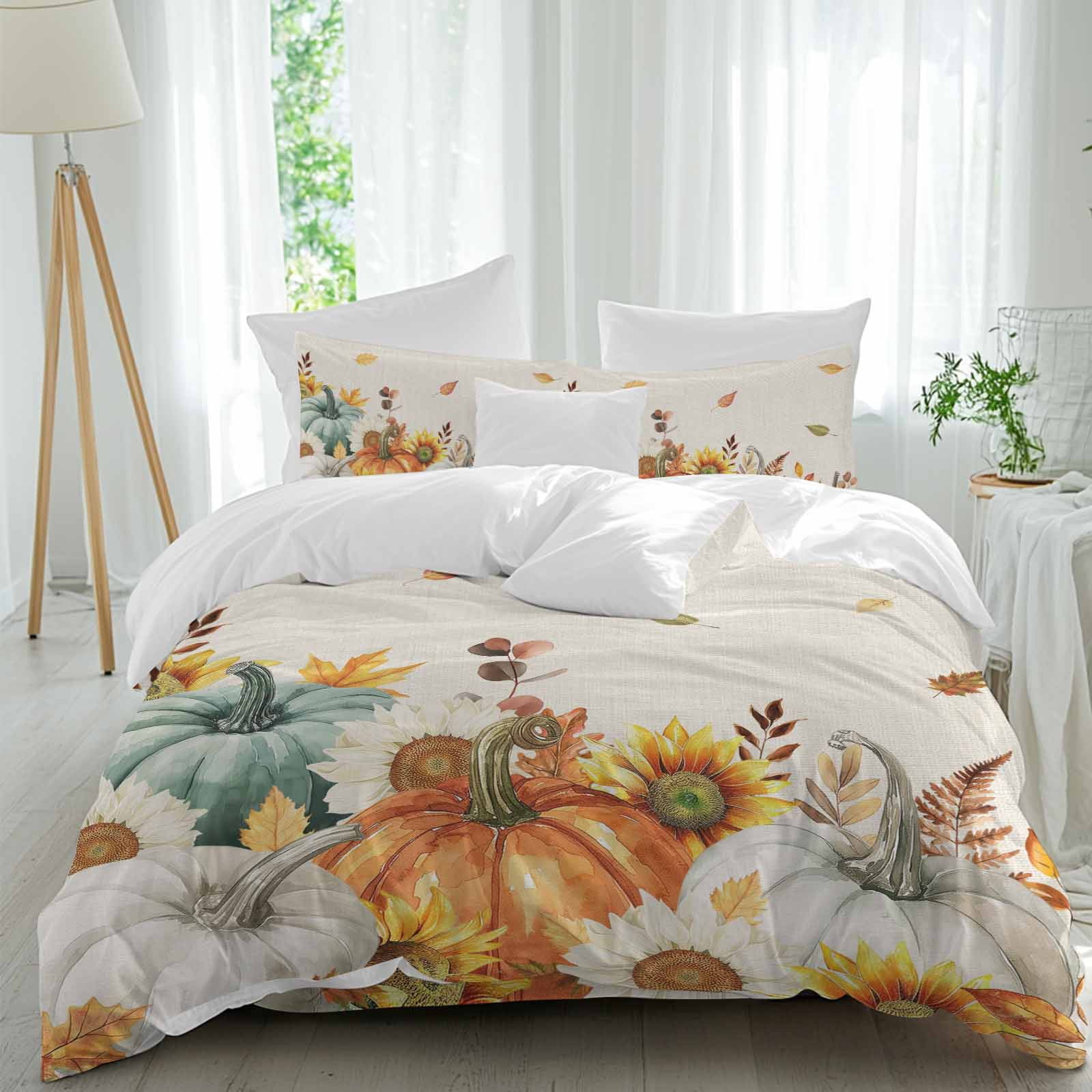 4 Piece Duvet Cover Set Twin, Thanksgiving Pumpkin Sunflowers Soft ...
