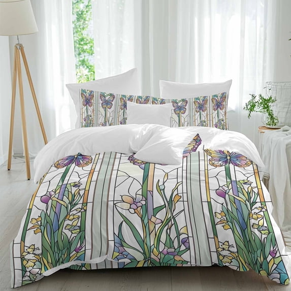 4 Piece Duvet Cover Set Twin, Vintage Butterfly Flower Abstract Art ...