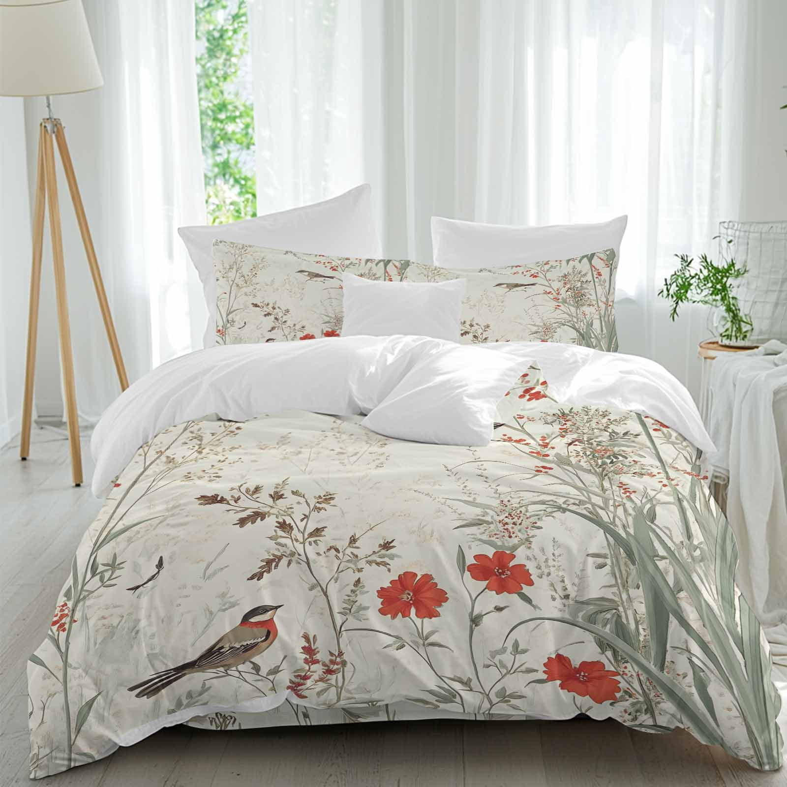 4 Piece Duvet Cover Set Twin, Vintage Farm Red Flower Bird Soft ...