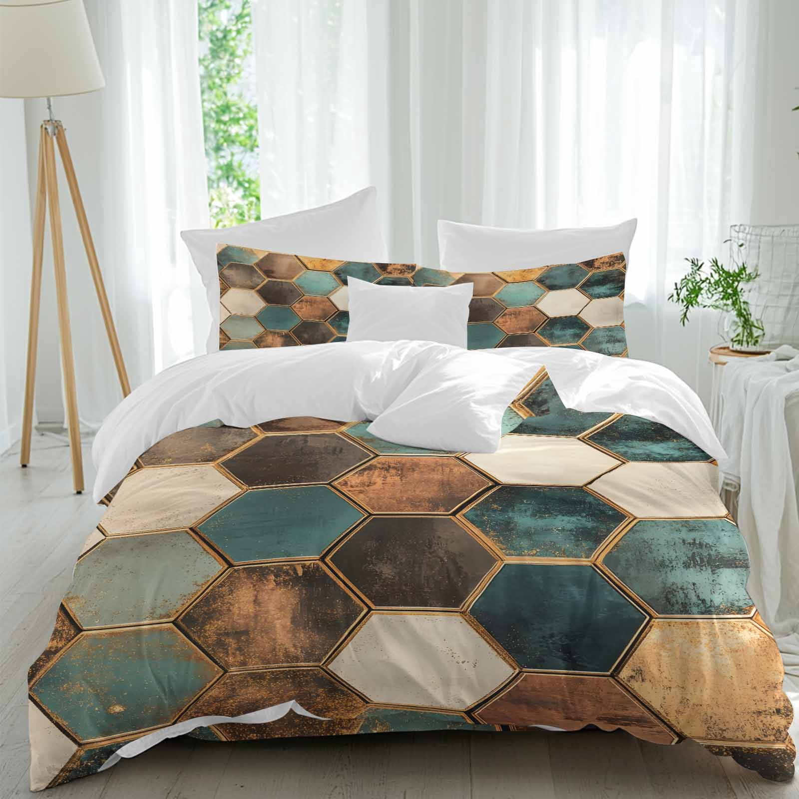 4 Piece Duvet Cover Set Twin, Vintage Geometric Pattern Soft Breathable ...